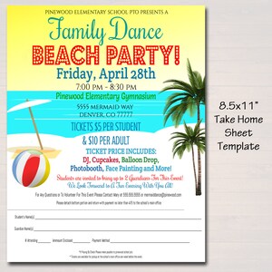 Beach Party School Dance Flyer, Hawaiian Tropical Luau Theme School Pto ...