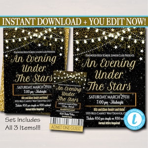 EDITABLE Prom Set, Dance Flyer Invitation Ticket Starry Night, Gold ...