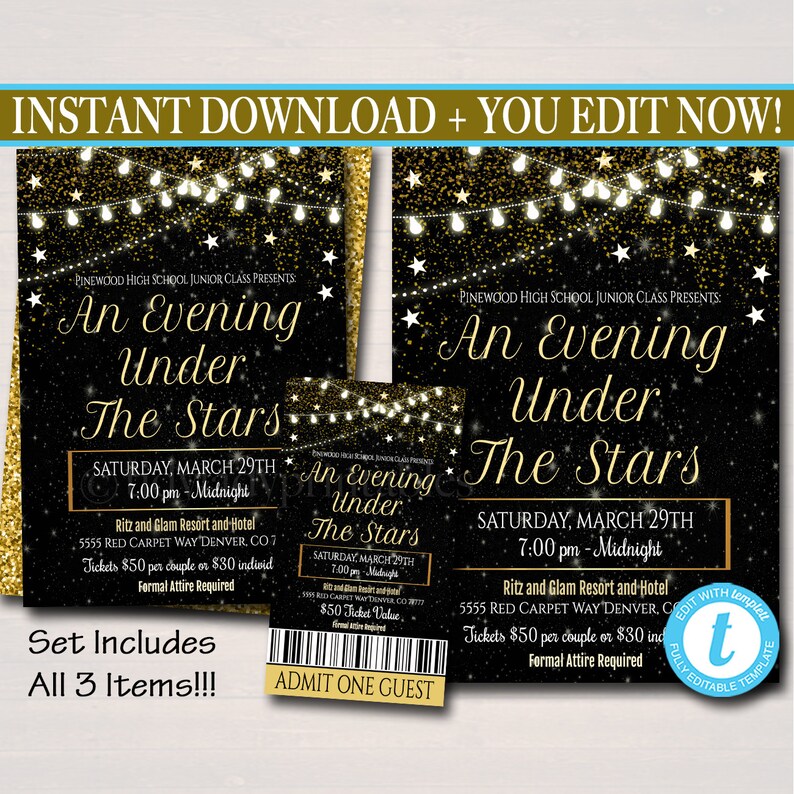 Starry Night Prom Set: Editable Dance Flyer, Invitation, Ticket ...