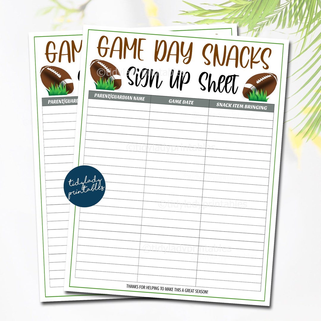 Football Snack Sign-up Sheet: School Team Printable (instant Download ...