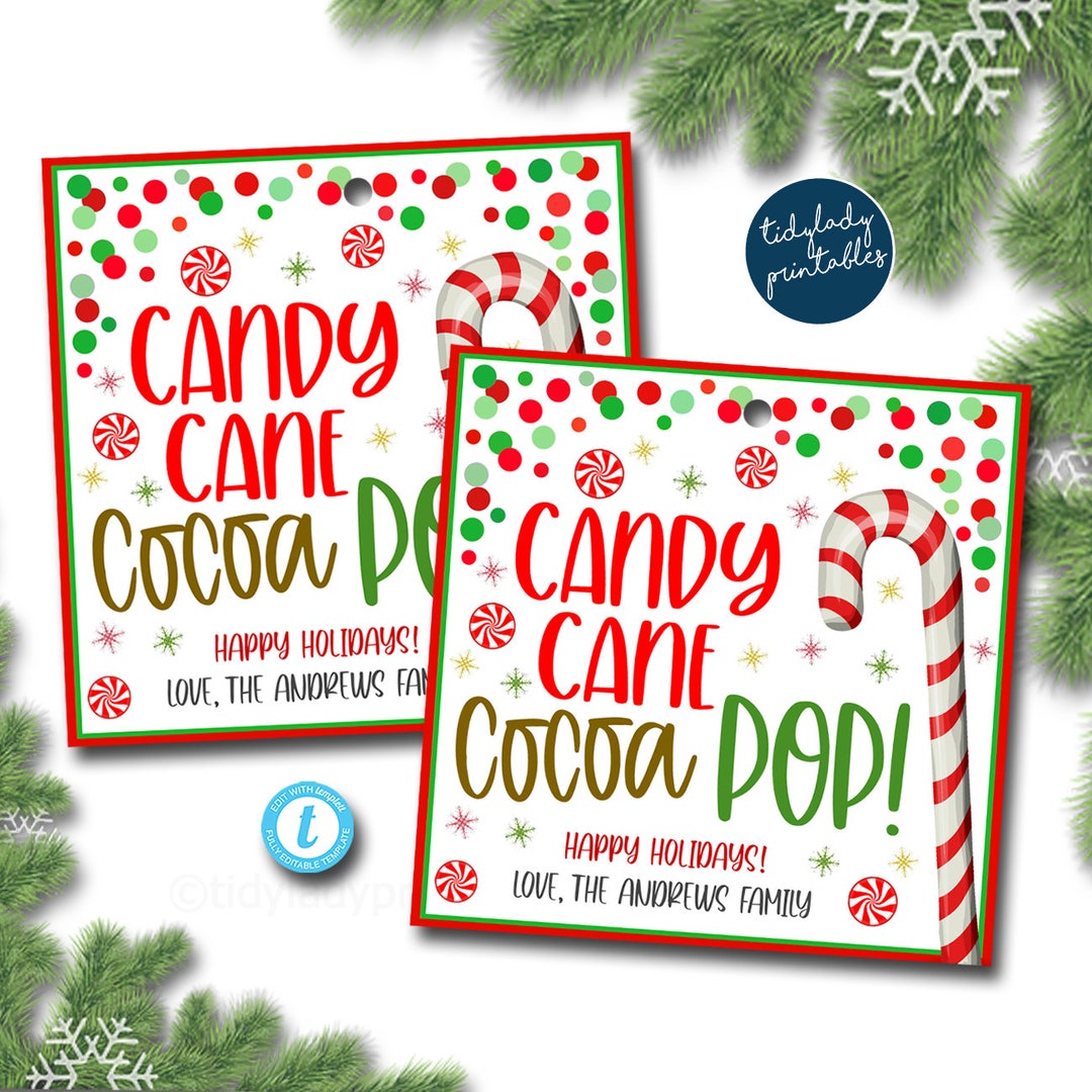 Candy Cane Cocoa Pop Gift Tags: Editable Christmas Treat (digital ...