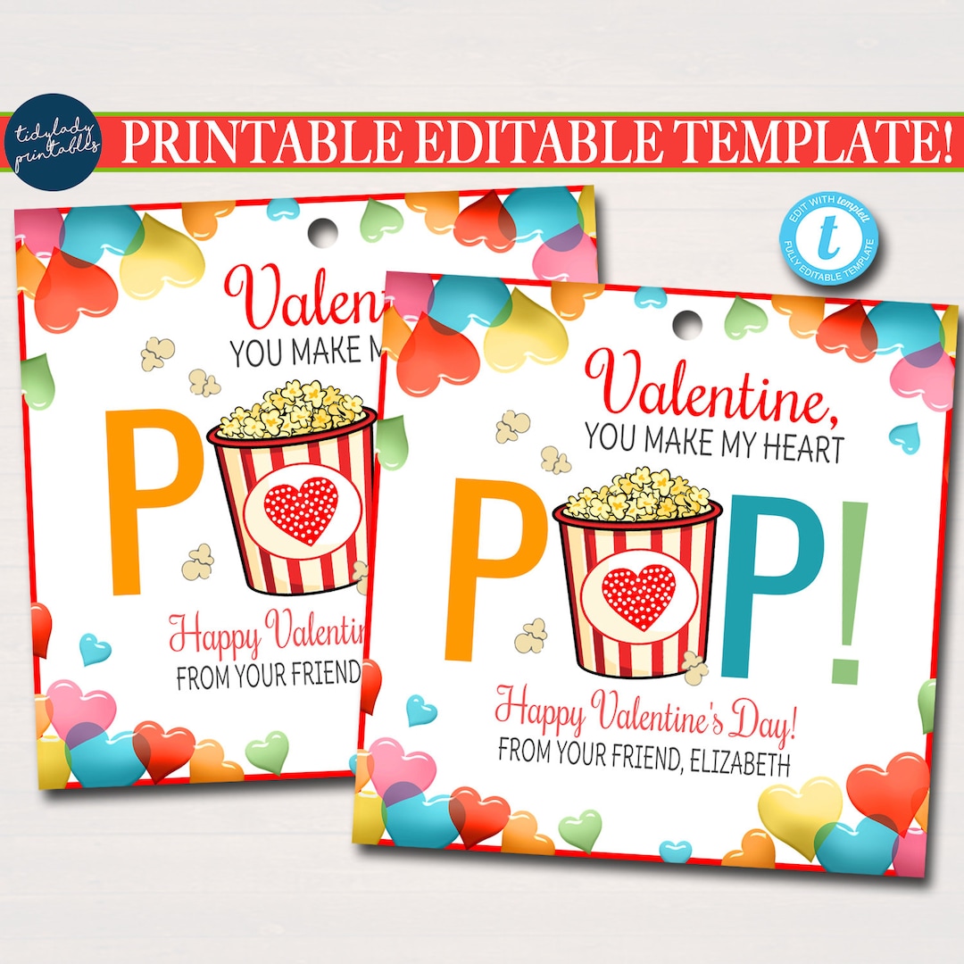 EDITABLE Valentine Popcorn Tags, You Make My Heart Pop Valentine Gift ...