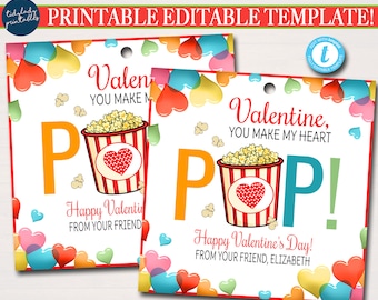 Valentine Popcorn Tags, You Make My Heart Pop Valentine Gift Tag, Gift ...