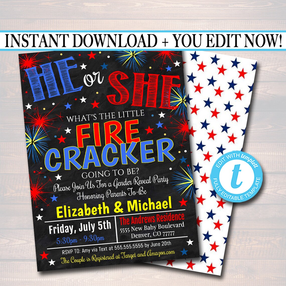 EDITABLE Fourth of July Gender Reveal Party Red White Baby-Q | Etsy