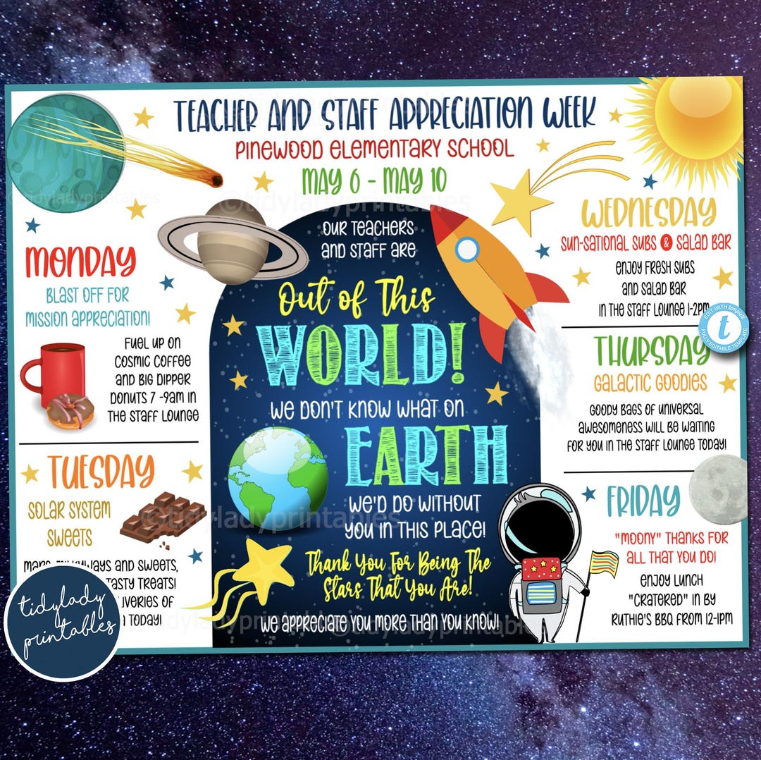 Space Theme Teacher Appreciation Week Itinerary Poster (editable ...