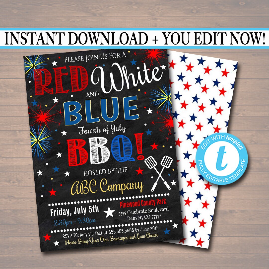 EDITABLE Fourth of July Party BBQ Picnic Invitation Company Event ...