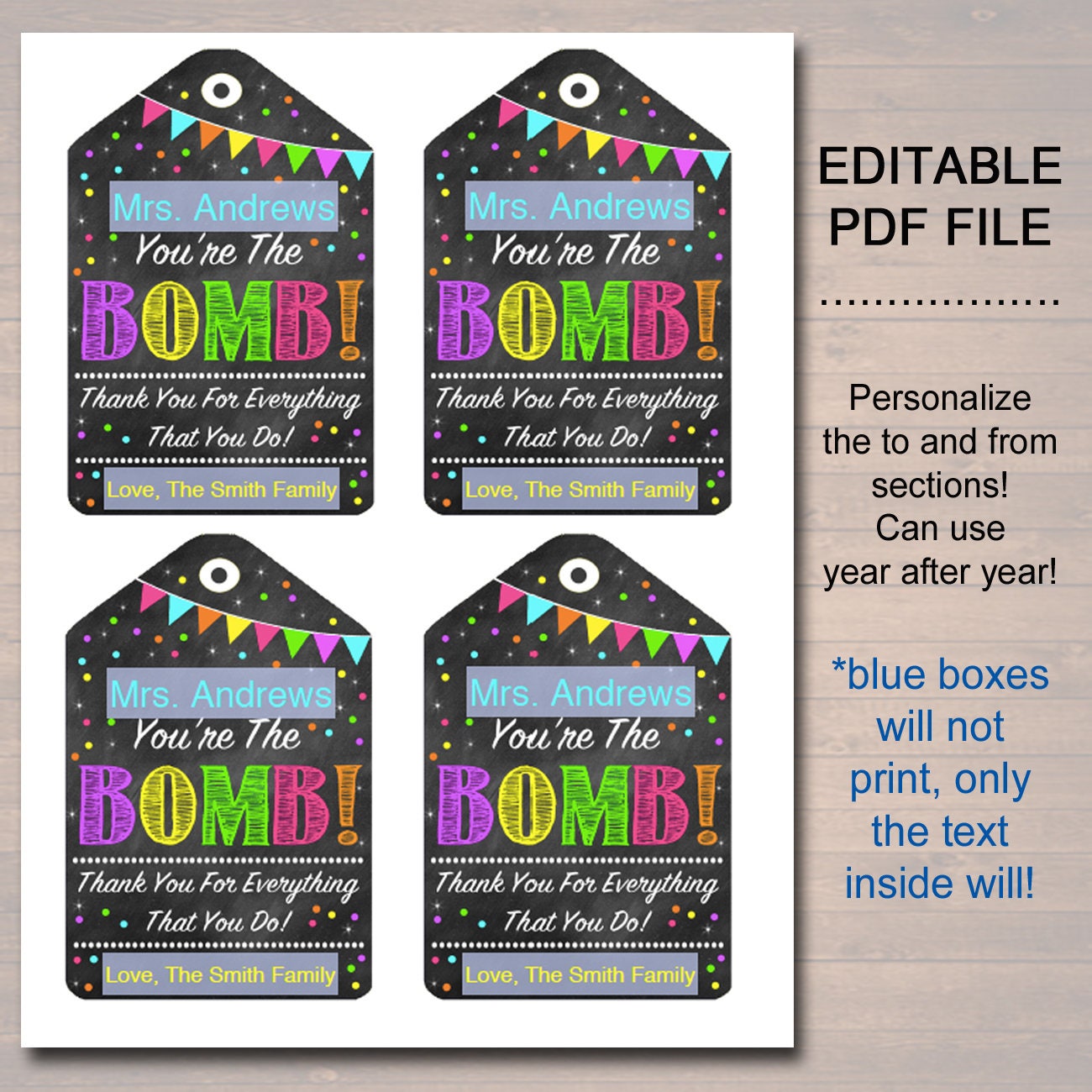 Editable You're the Bomb Gift Tags: Teacher Appreciation (instant ...
