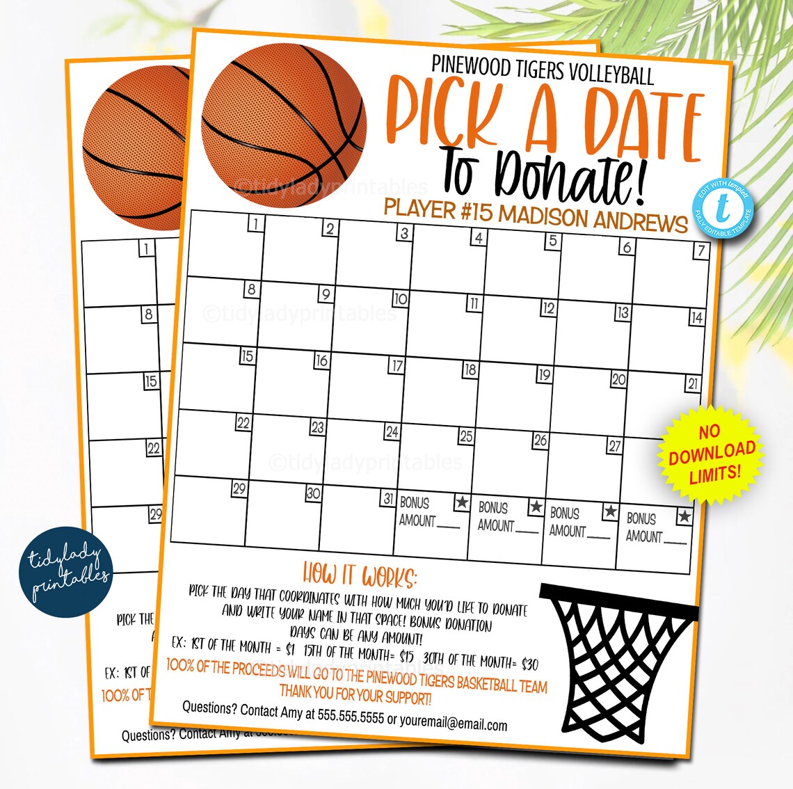 Editable Basketball Pick a Date to Donate Calendar (digital Template ...