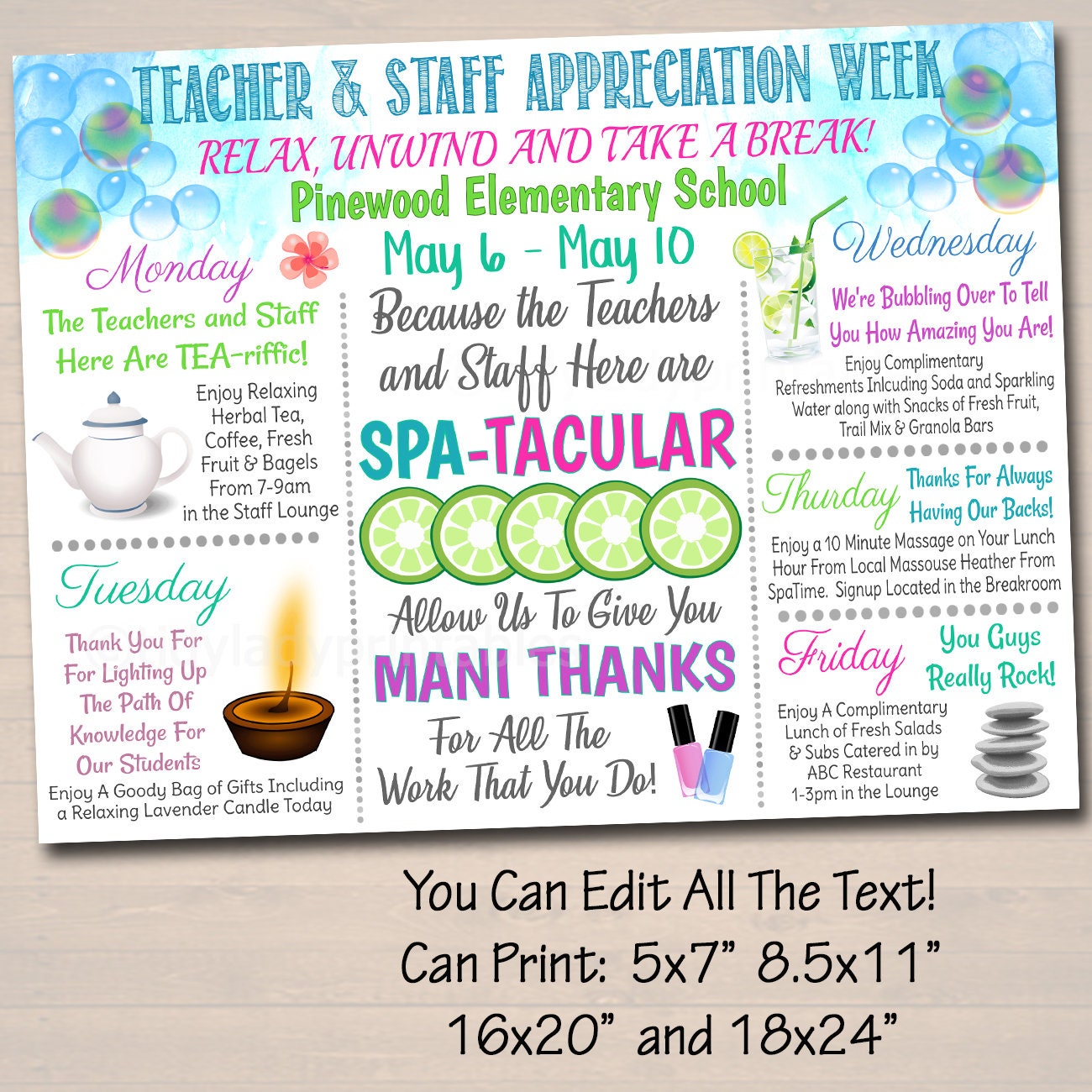 Editable Spa Theme Teacher Appreciation Week Itinerary Poster ...