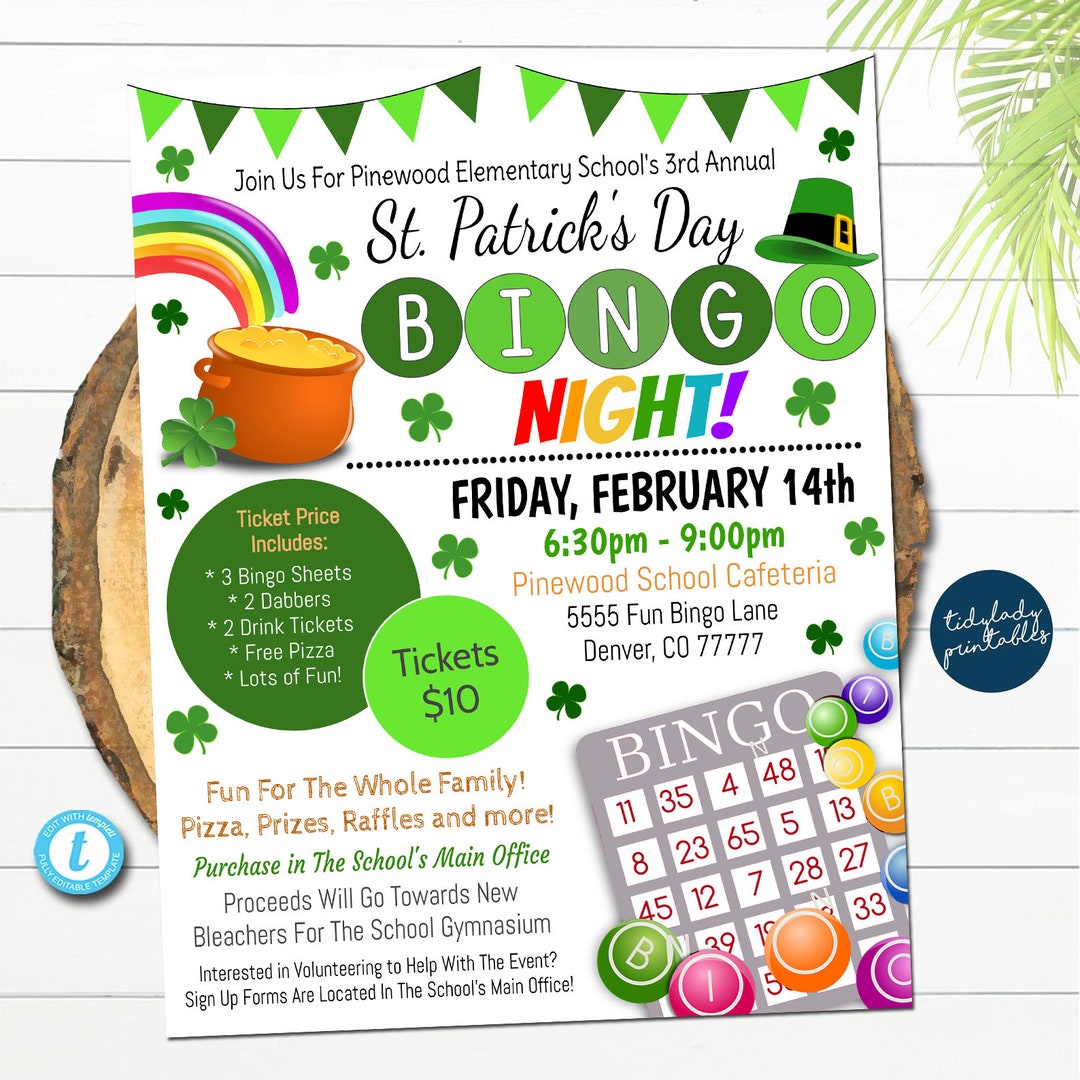 EDITABLE St. Patrick's Day Bingo Night Flyer, Printable PTA, PTO School ...