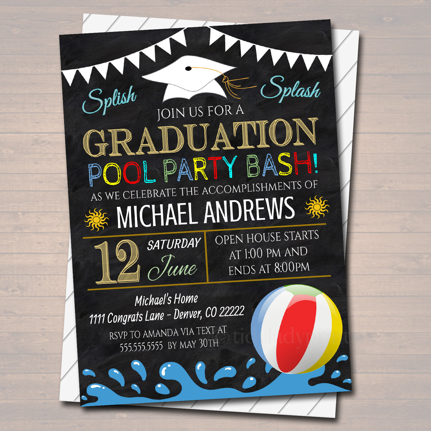 Editable Pool Party Graduation Invitation Chalkboard Printable - Etsy
