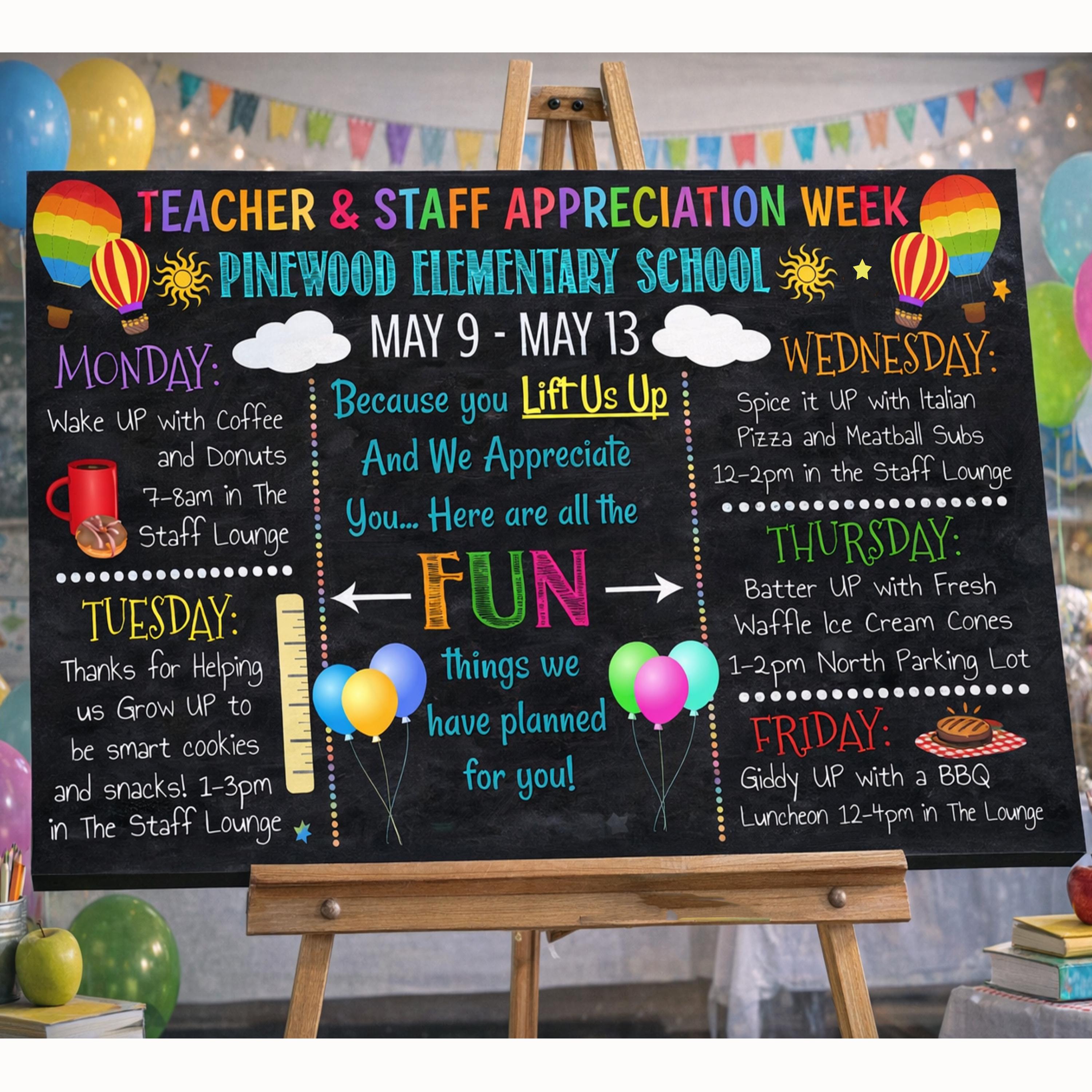 Editable Lift Us up Theme Teacher Appreciation Week Itinerary Poster ...