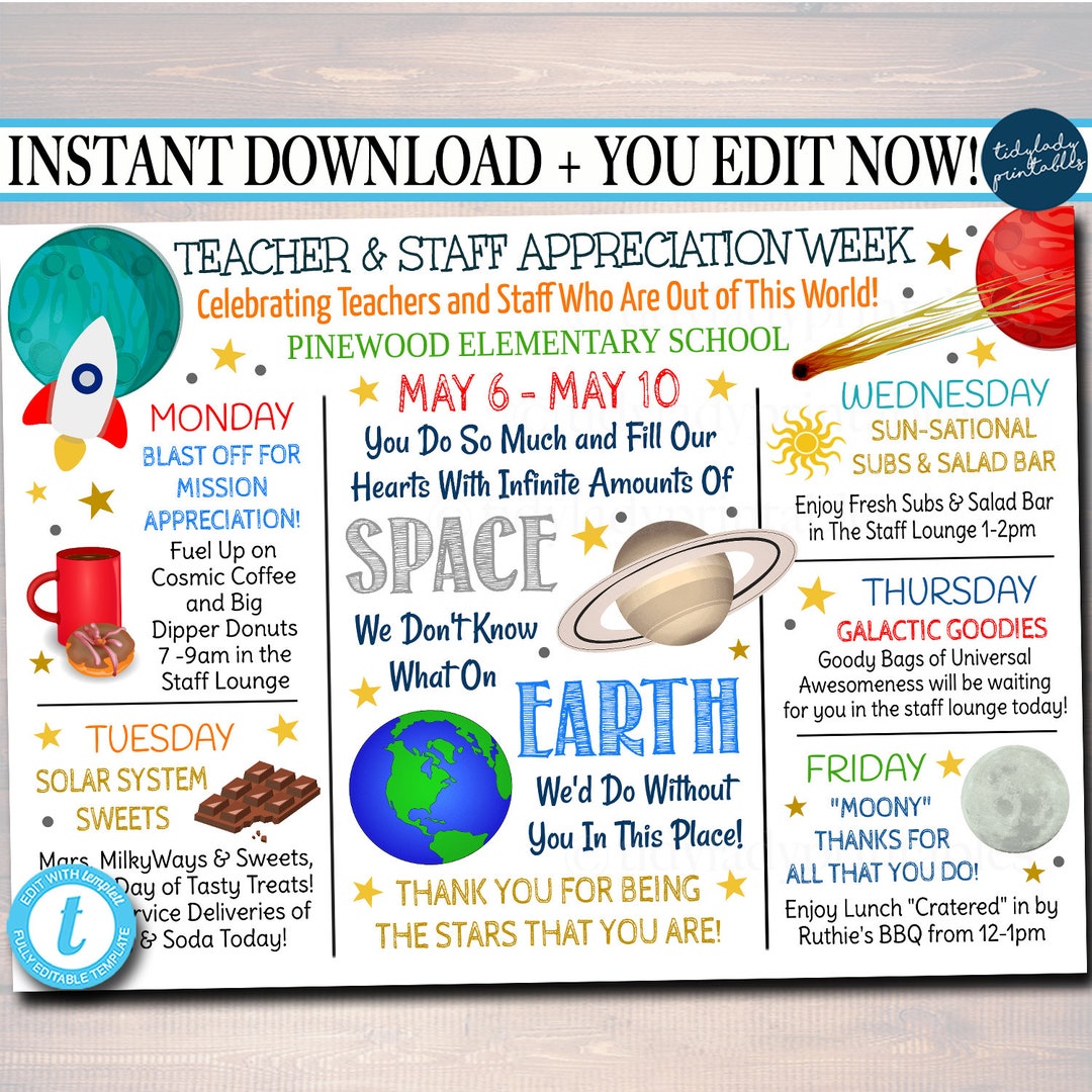 EDITABLE Space Theme Teacher Appreciation Week Itinerary Poster Digital ...