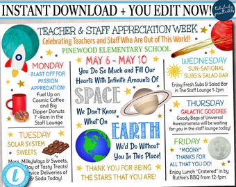 EDITABLE Space Theme Teacher Appreciation Week Itinerary Poster Digital ...