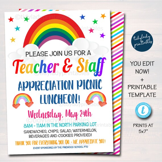 Rainbow Teacher Appreciation Staff Invitation, Thank You Printable ...
