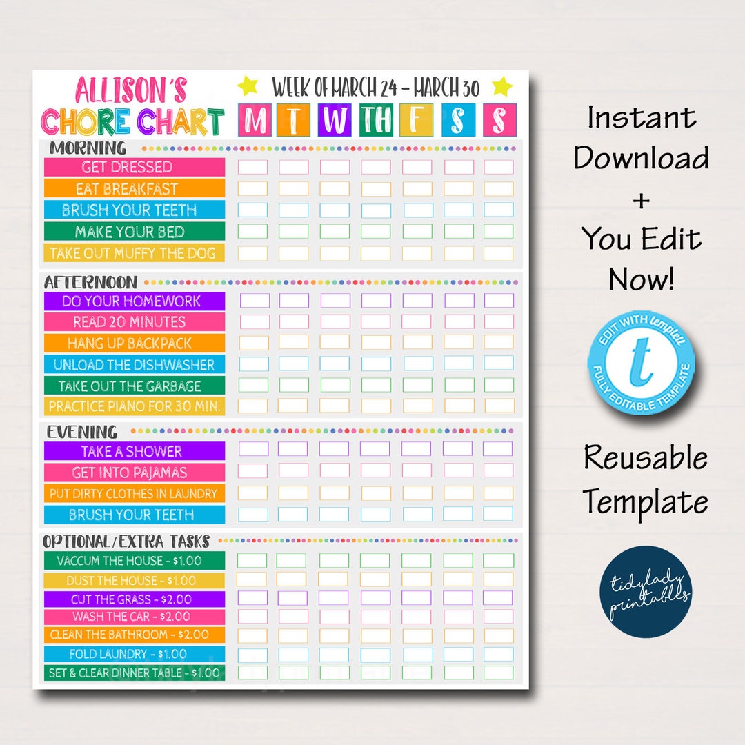 Kids Chore Chart: Daily & Weekly Checklist (editable Template) - Etsy