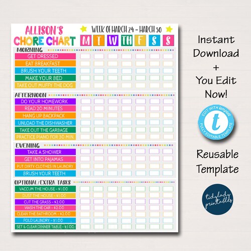 Editable Daily Routine Chore Chart Template for Kids & Toddler - Etsy
