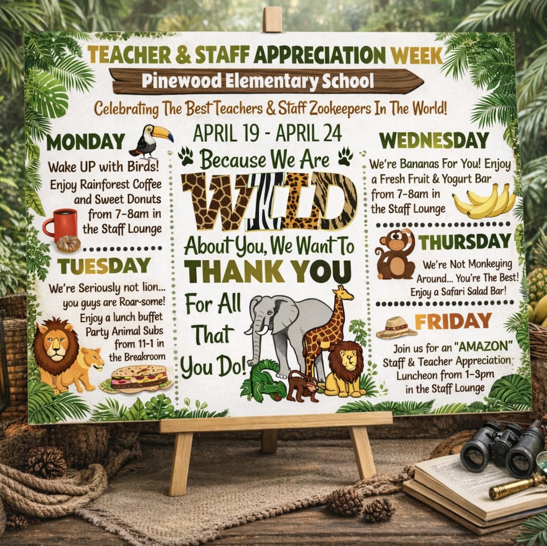 Jungle Theme Teacher Appreciation Week Itinerary Poster, Staff Thank ...