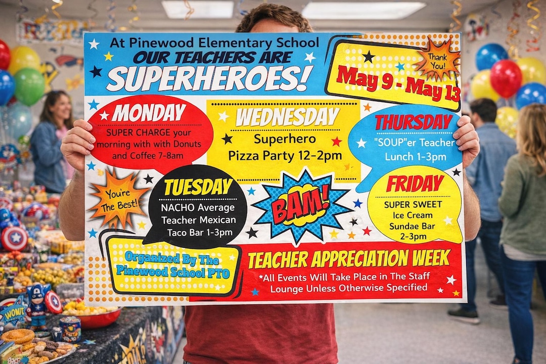 Editable Superhero Theme Teacher Appreciation Week Itinerary Poster ...