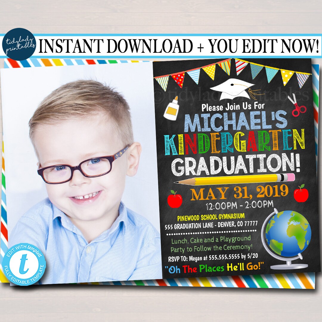 Editable Graduation Invitation Chalkboard Printable Kindergarten ...