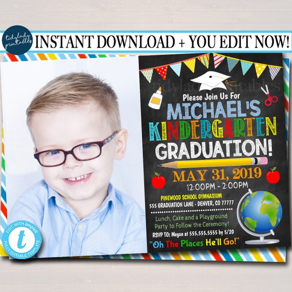 Editable Graduation Invitation Chalkboard Printable Kindergarten ...