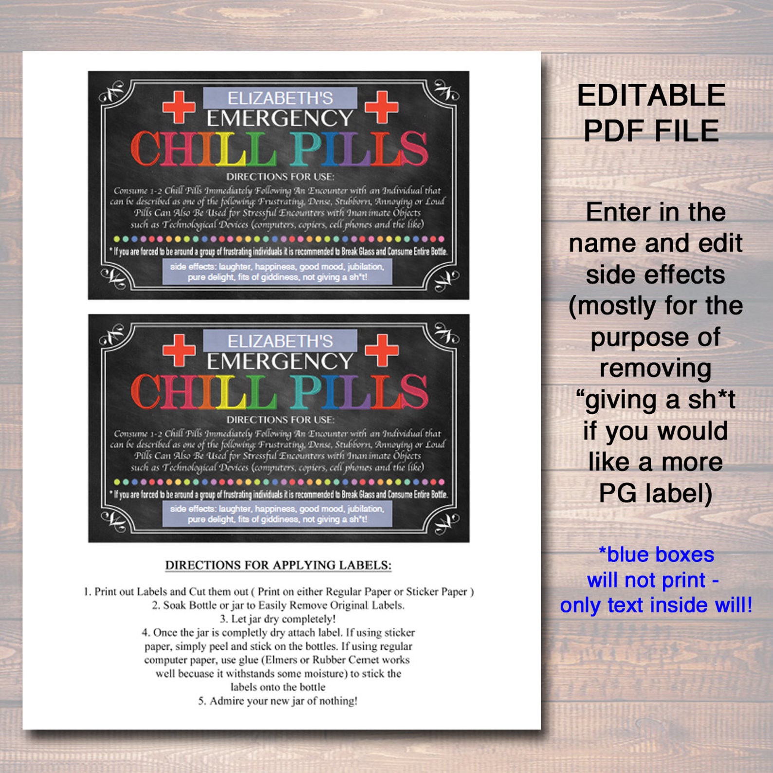 EDITABLE Chill Pills Label Funny Gag Gift Professional Office | Etsy