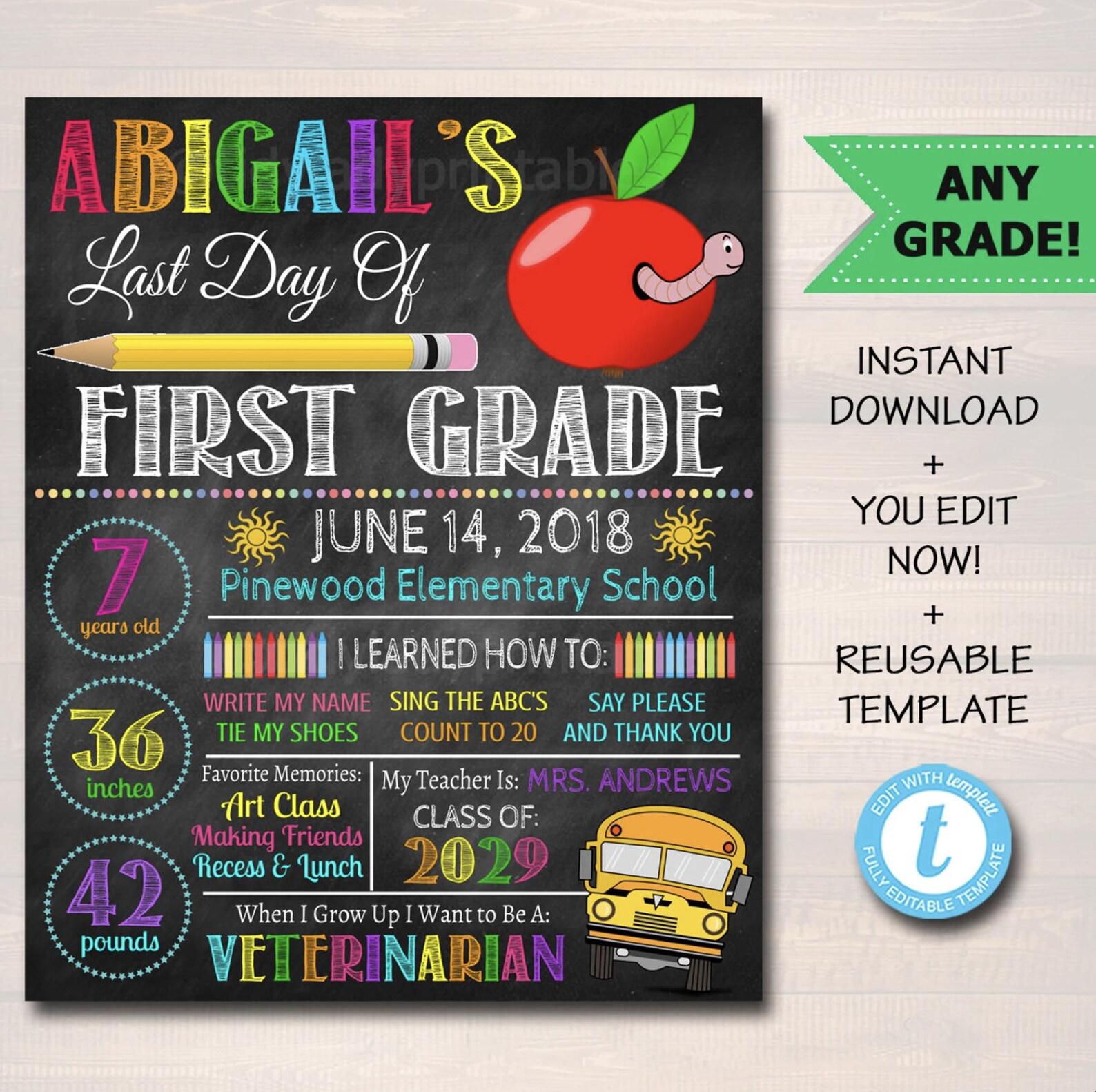 Editable First and Last Day of School Sign: Chalkboard Photo Prop ...
