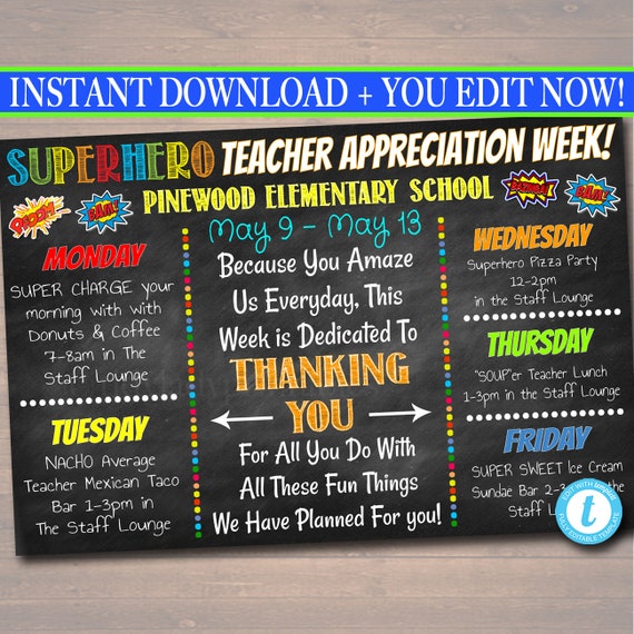 EDITABLE Superhero Teacher Appreciation Week Itinerary Poster, Digital ...