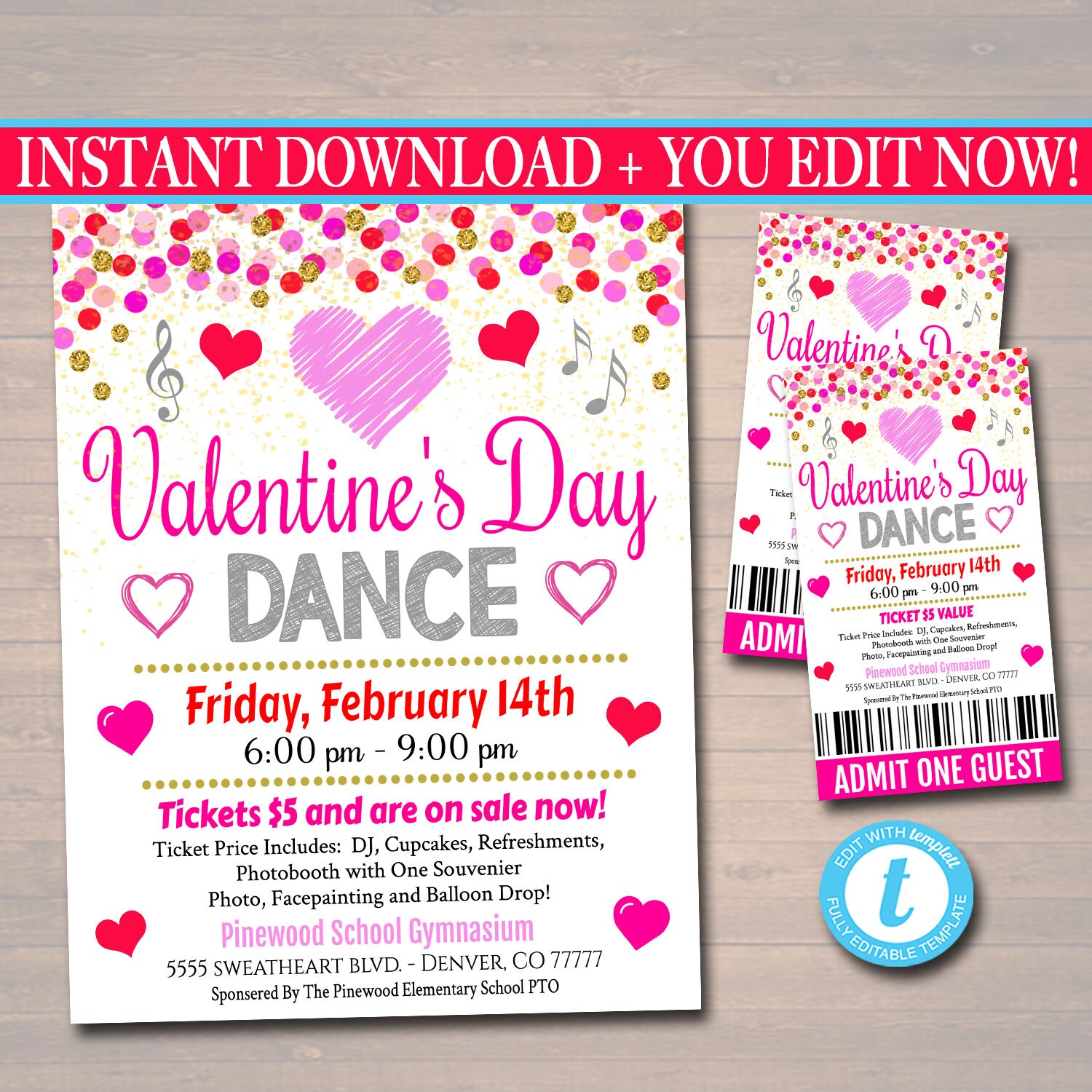 Editable Valentine's Day Dance Flyer & Ticket Set, Febraury School ...