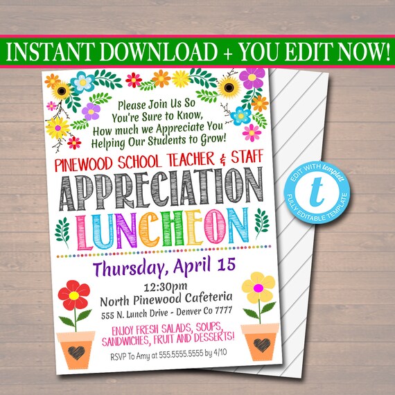 Editable Teacher Appreciation Staff Invitation, Thank You Printable ...