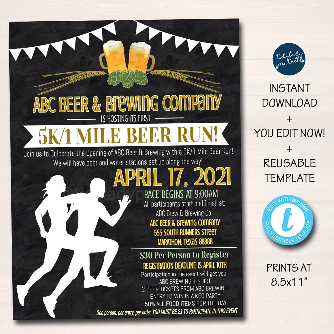 Beer Run Flyer Poster Printable Invitation, Community Brewery Small ...