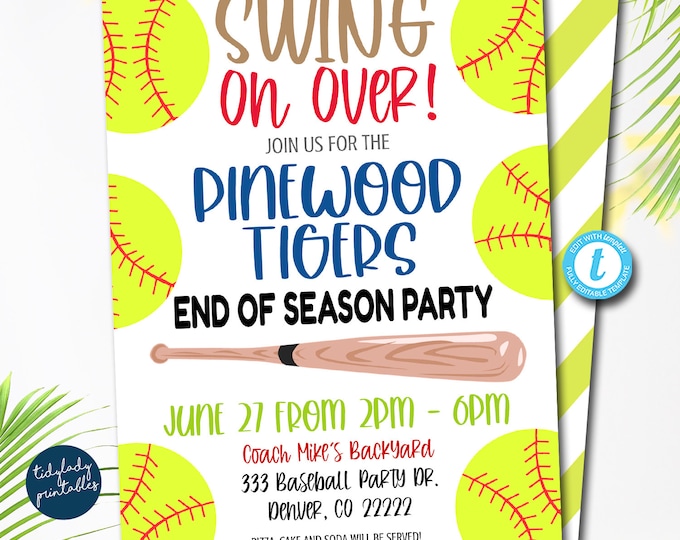 Softball Birthday Invitation, Swing on Over, Editable Softball Team ...