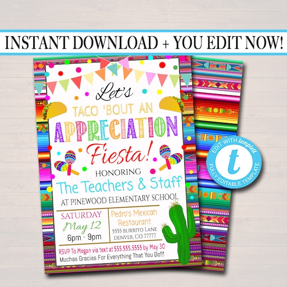 Editable Fiesta Invite Teacher Appreciation Staff Invitation Chalkboard ...
