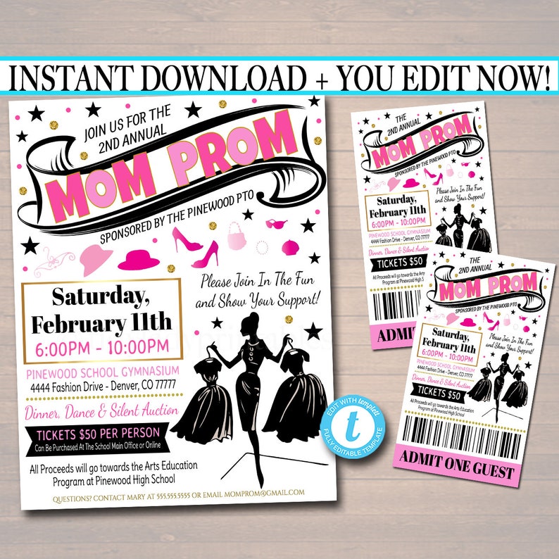 EDITABLE Mom Prom Fundraiser Flyer Invite Ticket Set Pto Pta - Etsy