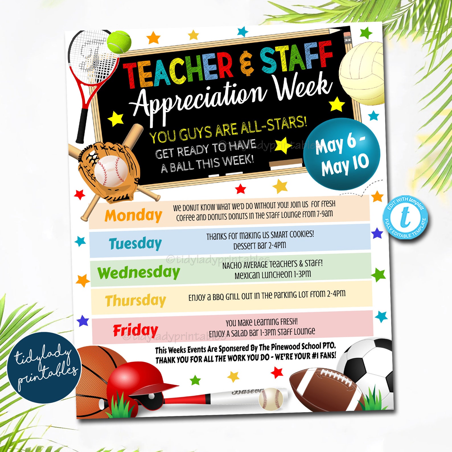 Sports All-star Teacher Appreciation Week Itinerary Poster (editable ...
