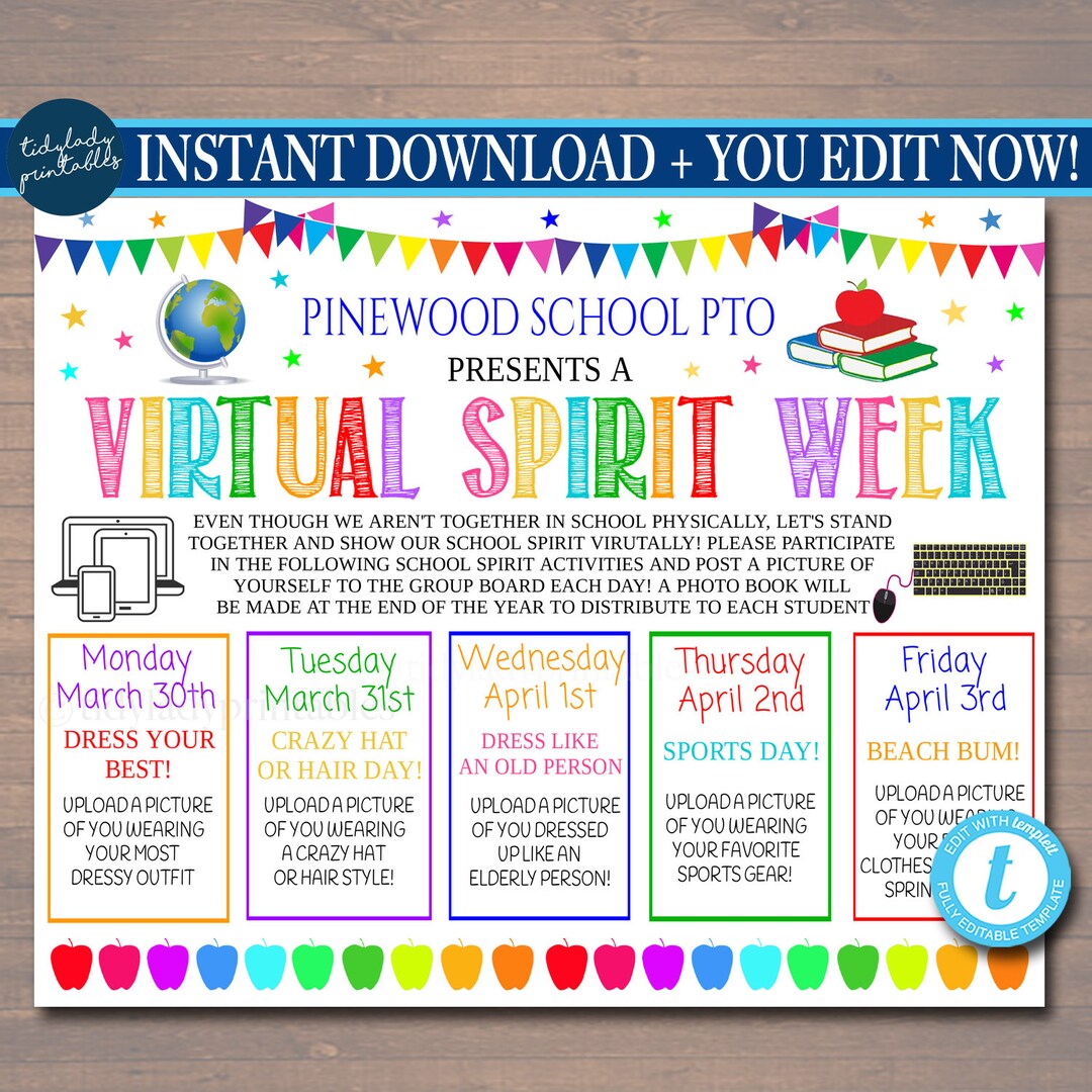 Virtual Spirit Week Itinerary Schedule, Daily Weekly Calendar ...