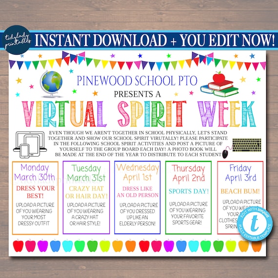 Virtual Spirit Week Itinerary Schedule, Daily Weekly Calendar ...