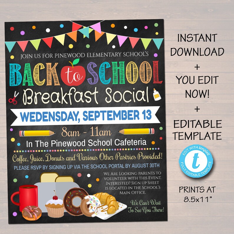 Back to School Breakfast Social Flyer PTO PTA Fundraiser | Etsy