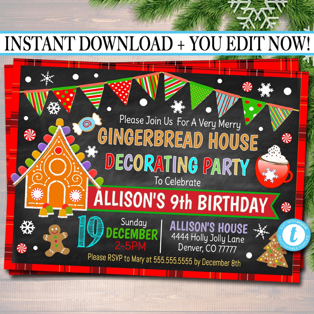 Editable Gingerbread House Party Invitation: Plaid Christmas Invite ...