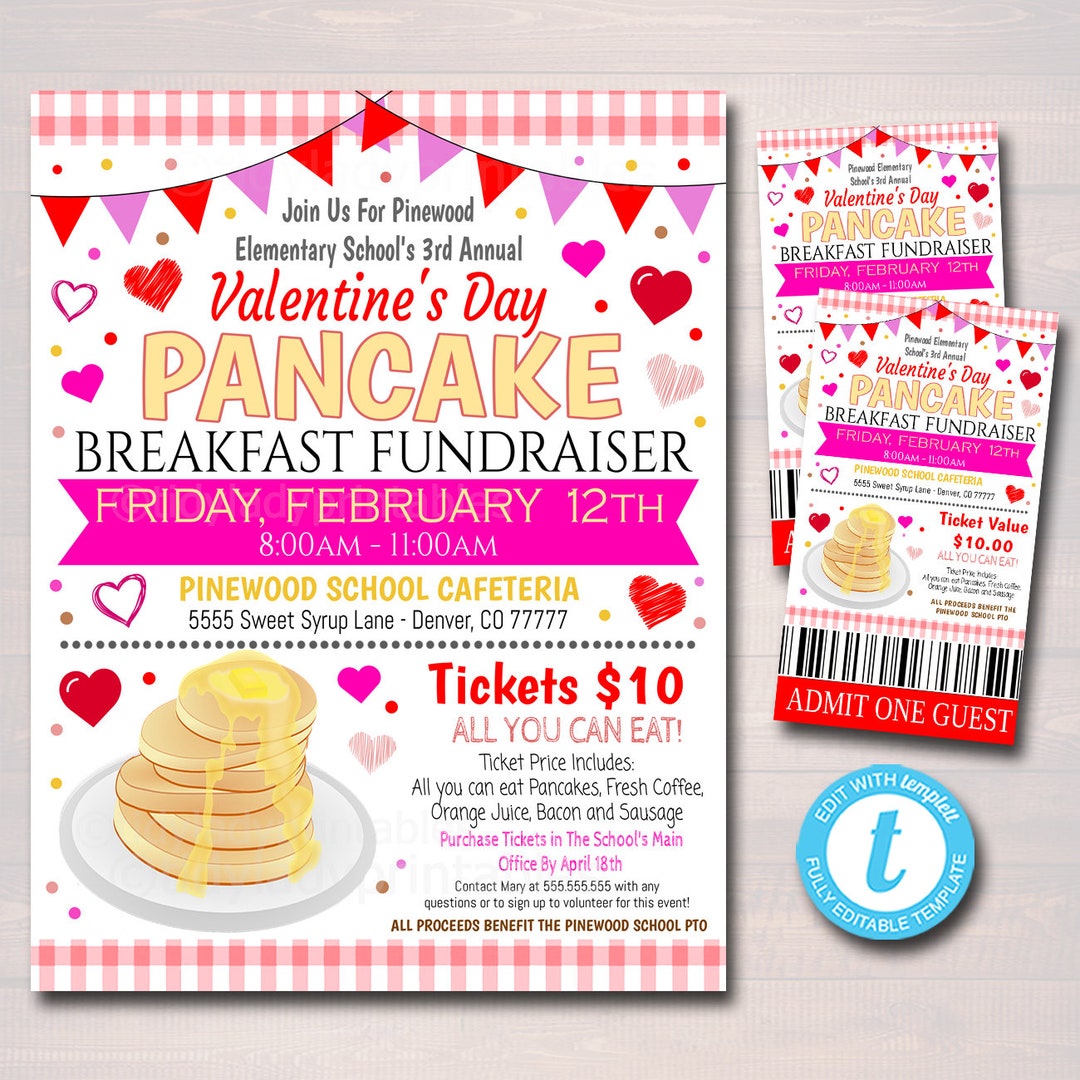 Valentines Day Pancake Breakfast Fundraiser Flyer and Ticket Set ...
