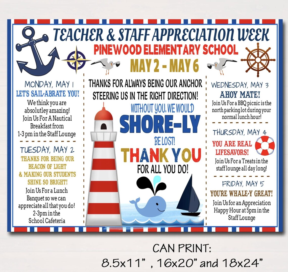 Nautical Themed Teacher Appreciation Week Itinerary Poster Printable ...