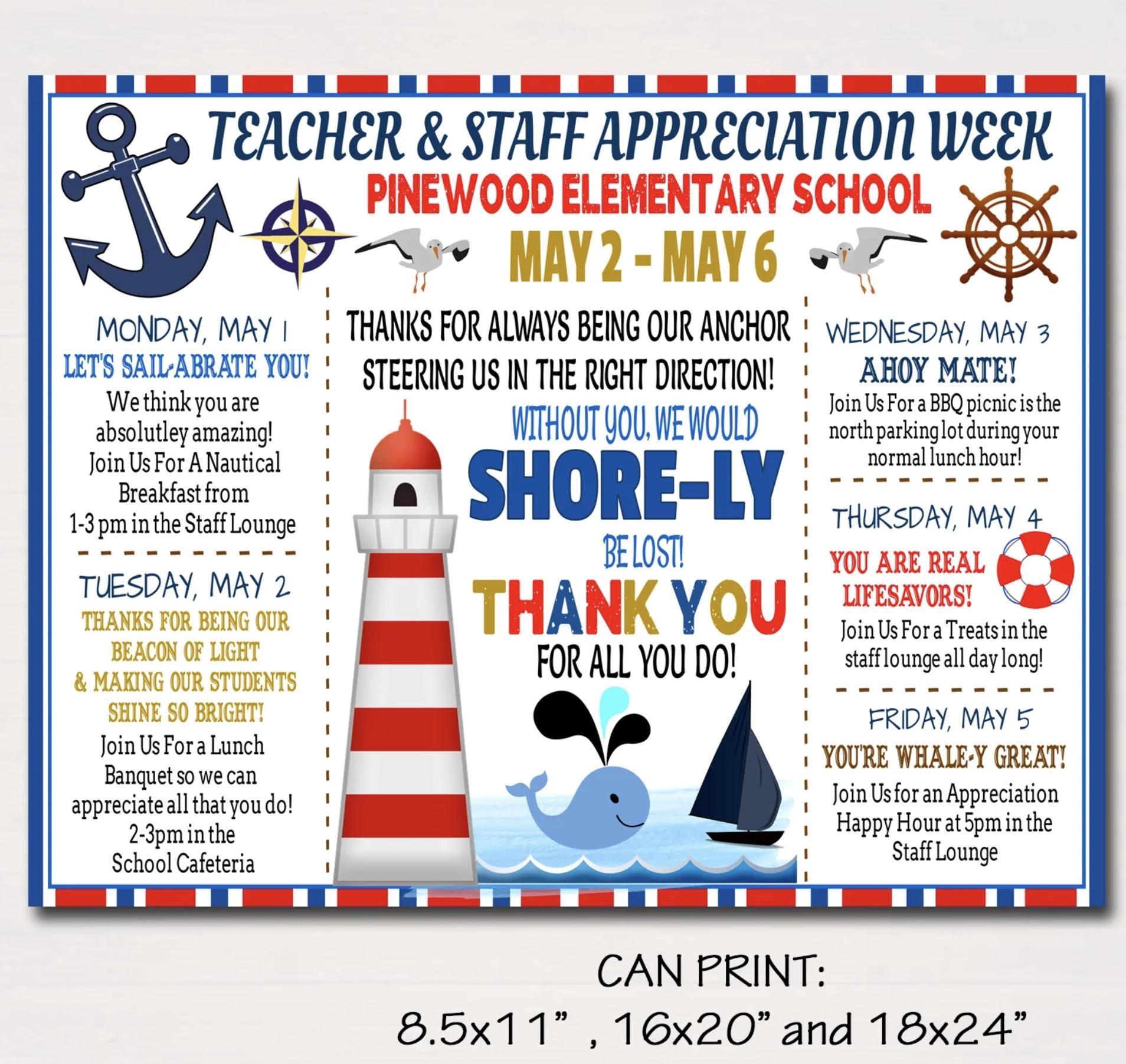 Nautical Themed Teacher Appreciation Week Itinerary Poster Printable ...