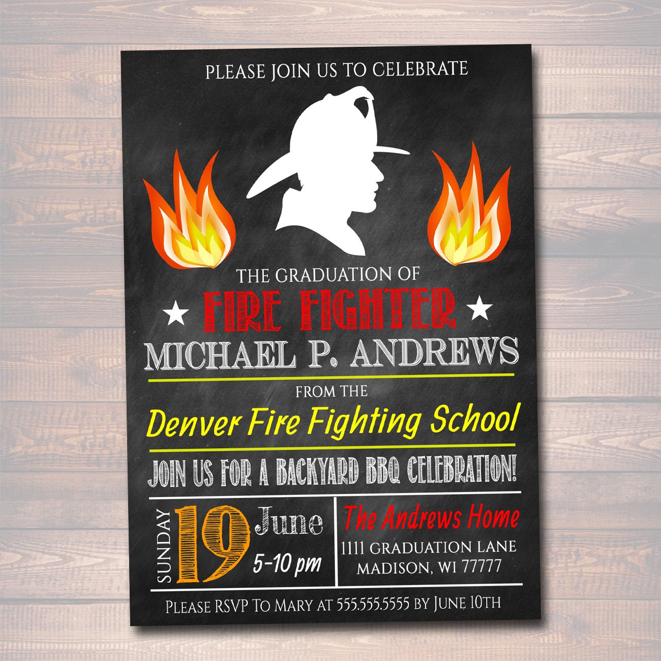 Editable Fire Fighter Graduation Invitation Chalkboard Printable ...