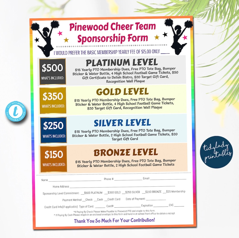 Cheerleader Sponsorship Form: Editable School Fundraiser (printable) - Etsy