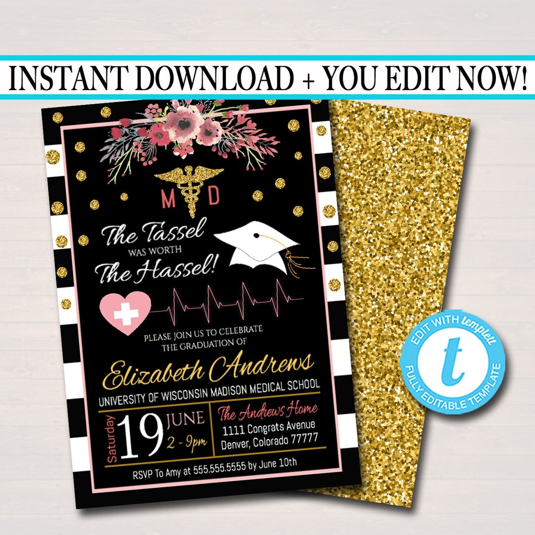 Editable Medical School Graduation Invitation Floral Printable, Female ...