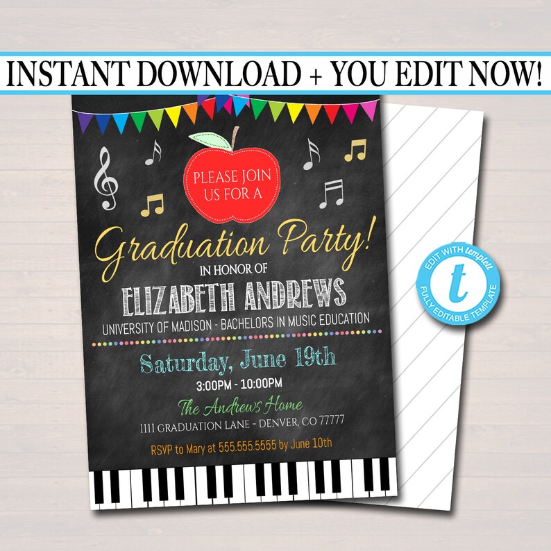 Music Teacher Graduation Invitation Chalkboard Printable - Etsy