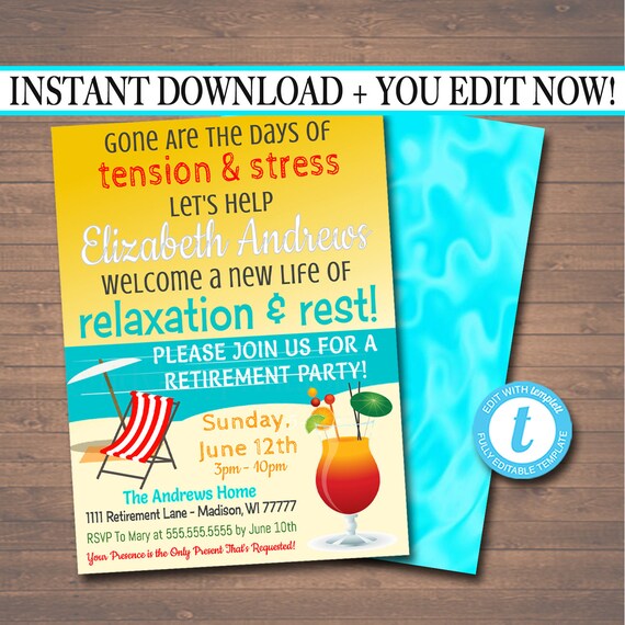 Editable Beach Retirement Invitation Tropical Printable Digital Teacher ...