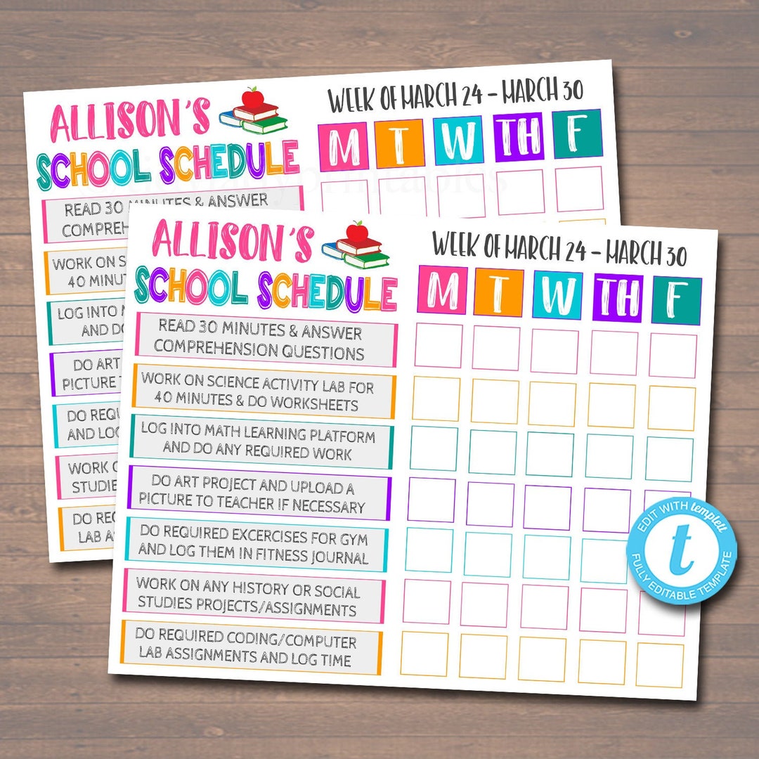 Home School Schedule, Daily Weekly Subject Checklist, Homework ...