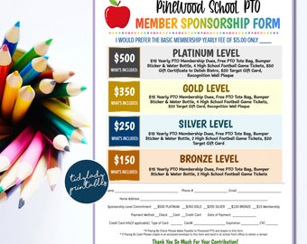 Editable PTO PTA Form, Sponsorship Membership Donation Signup Printable ...