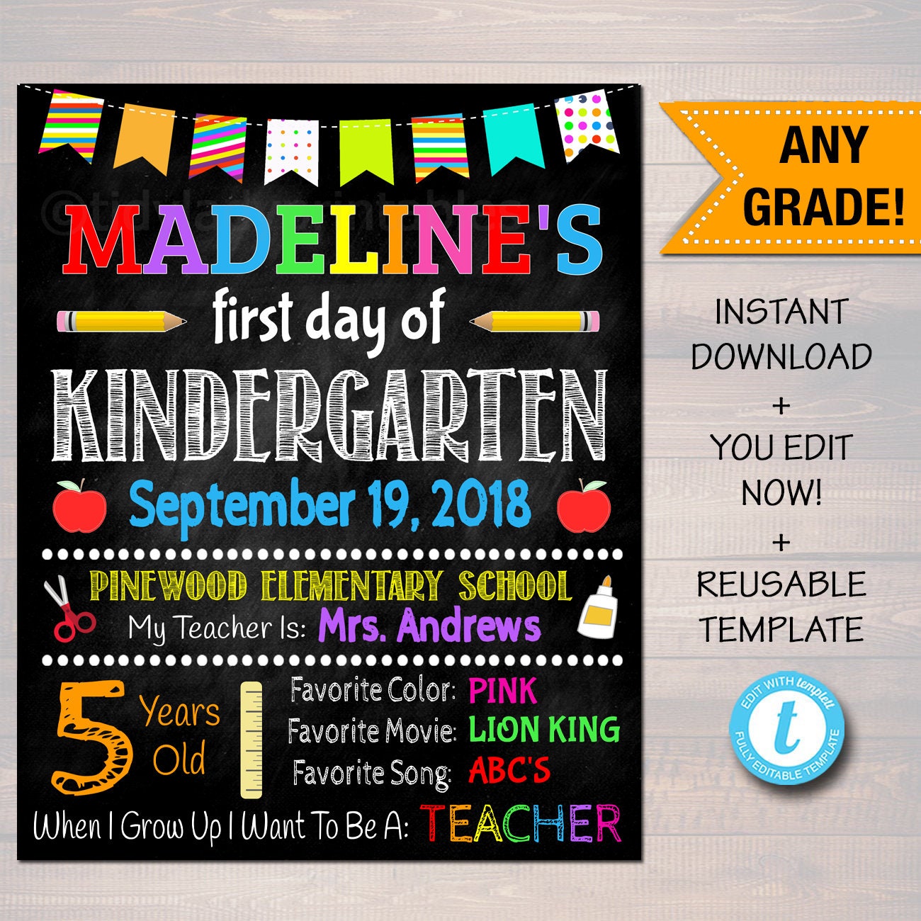 Editable First Day of School Chalkboard Sign: Any Grade (digital ...